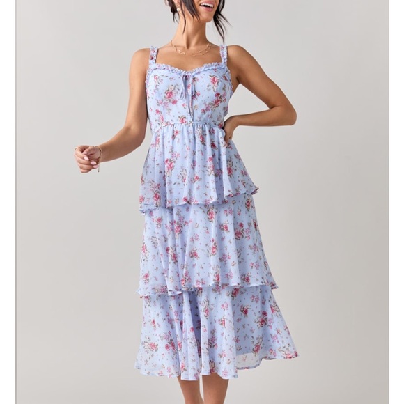 Audrey Parks | Dresses | Corset Floral Anita Ruffle Tiered Blue Midi ...